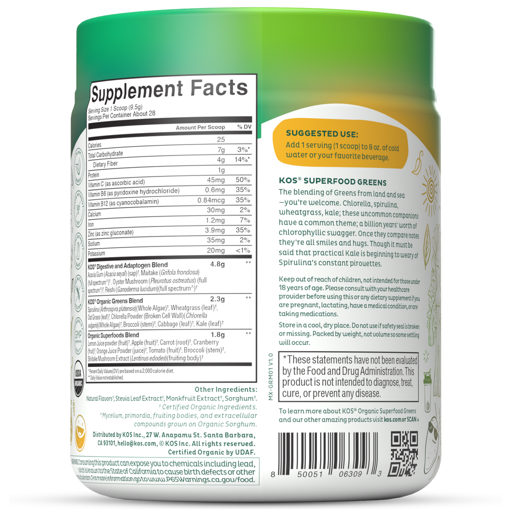KOS Amazing Tasting Super Greens Powder | USDA Organic | KOS.com